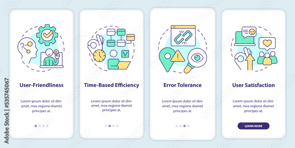 Basic Metrics For Usability Testing Onboarding Mobile App Screen Walkthrough 4 Steps Editable