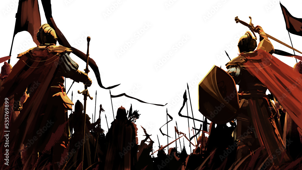 An army of fantasy medieval knights stands jubilant, many raising their ...