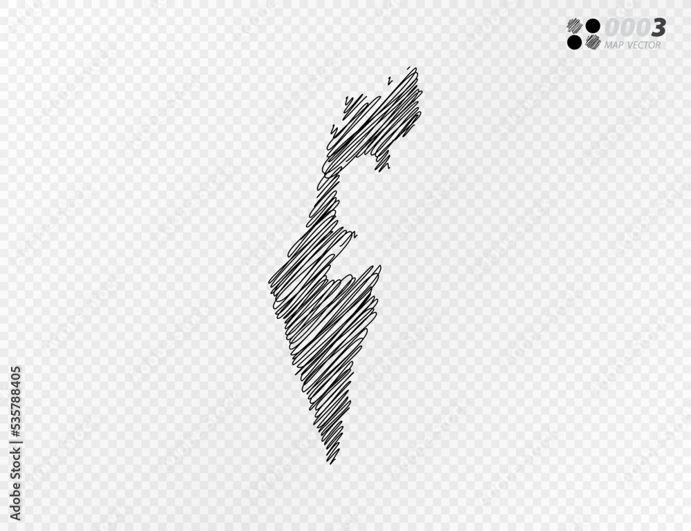 Vector black silhouette chaotic hand drawn scribble sketch of Israel map on transparent ...