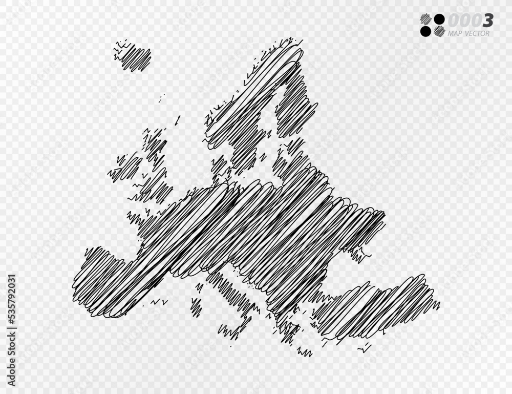 Vector black silhouette chaotic hand drawn scribble sketch of Europe map on transparent ...