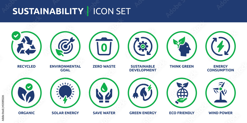 Sustainability icon set. Containing recycled, goal, zero waste ...