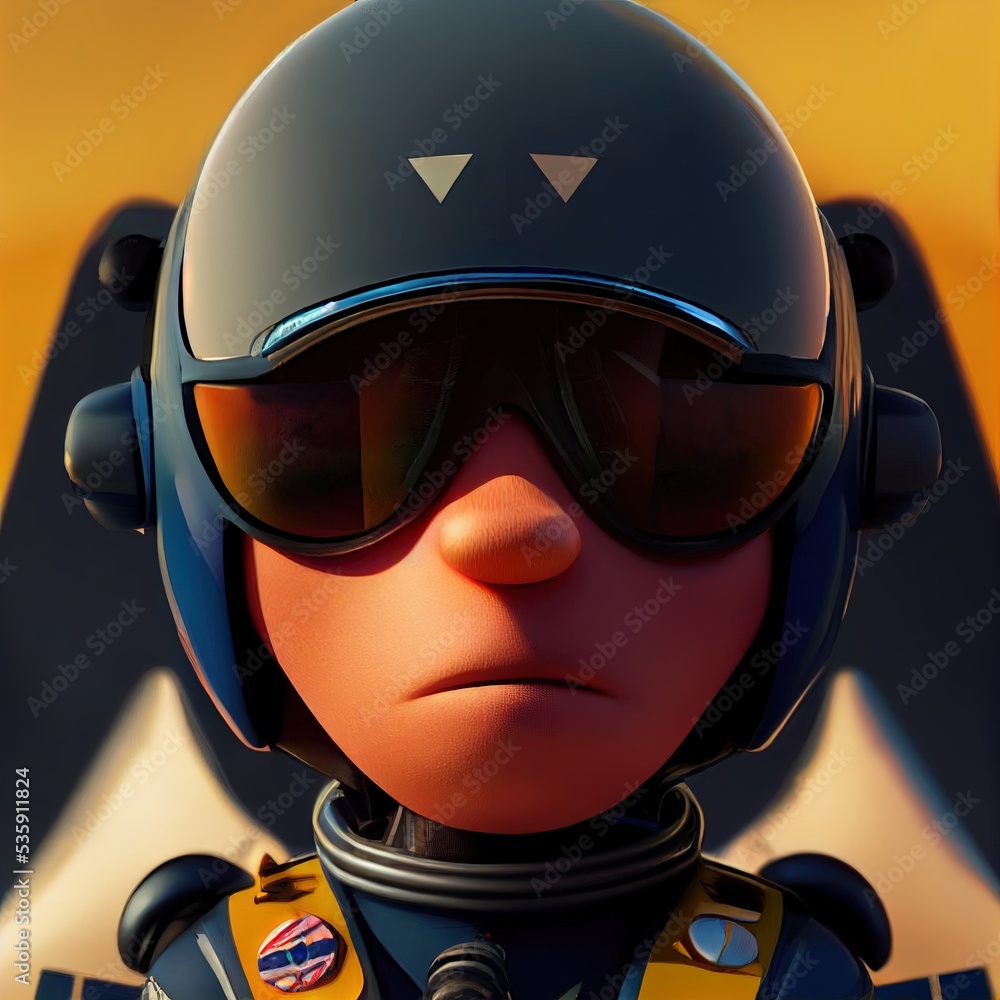 Jet fighter pilot in helmet portrait. Animated movie character design ...