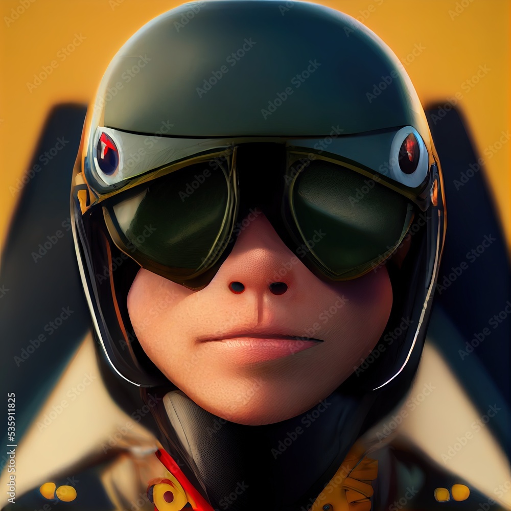 Jet fighter pilot in helmet portrait. Animated movie character design ...