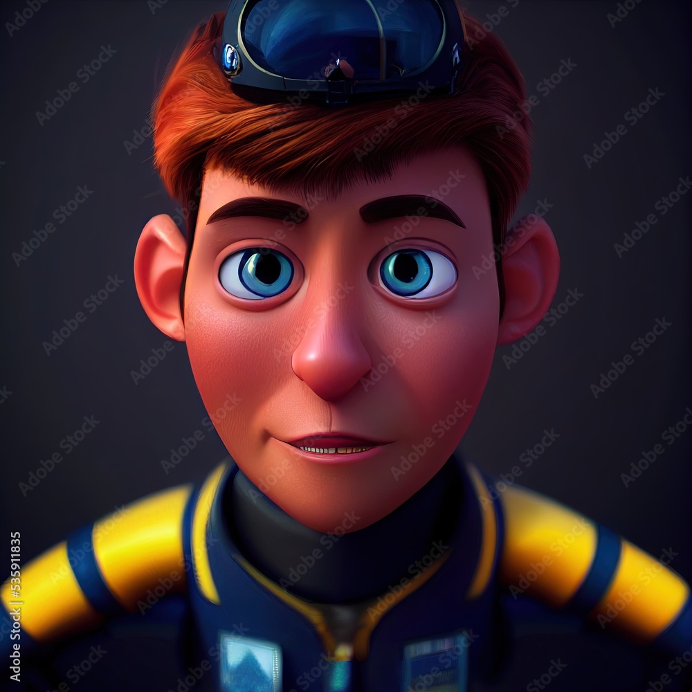 Jet fighter pilot without helmet portrait. Animated movie character ...