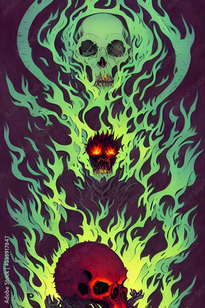 pile of sculls in hell with fire and smoke - american graphic novel ...