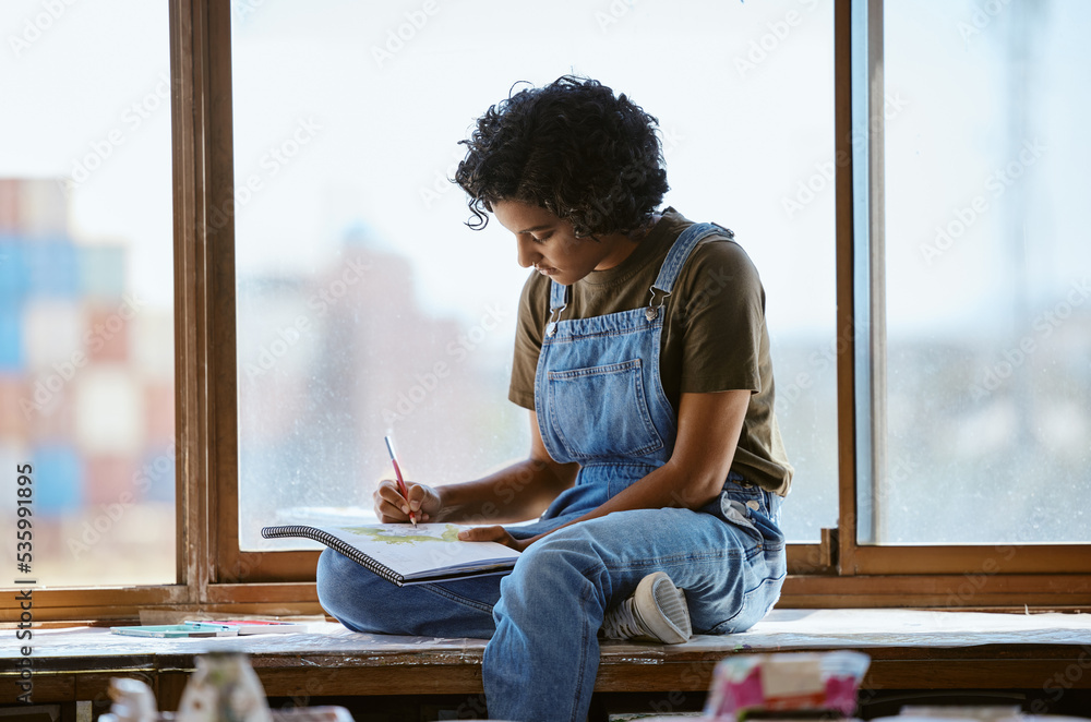 Drawing, inspiration and creative student with sketchbook learning ...