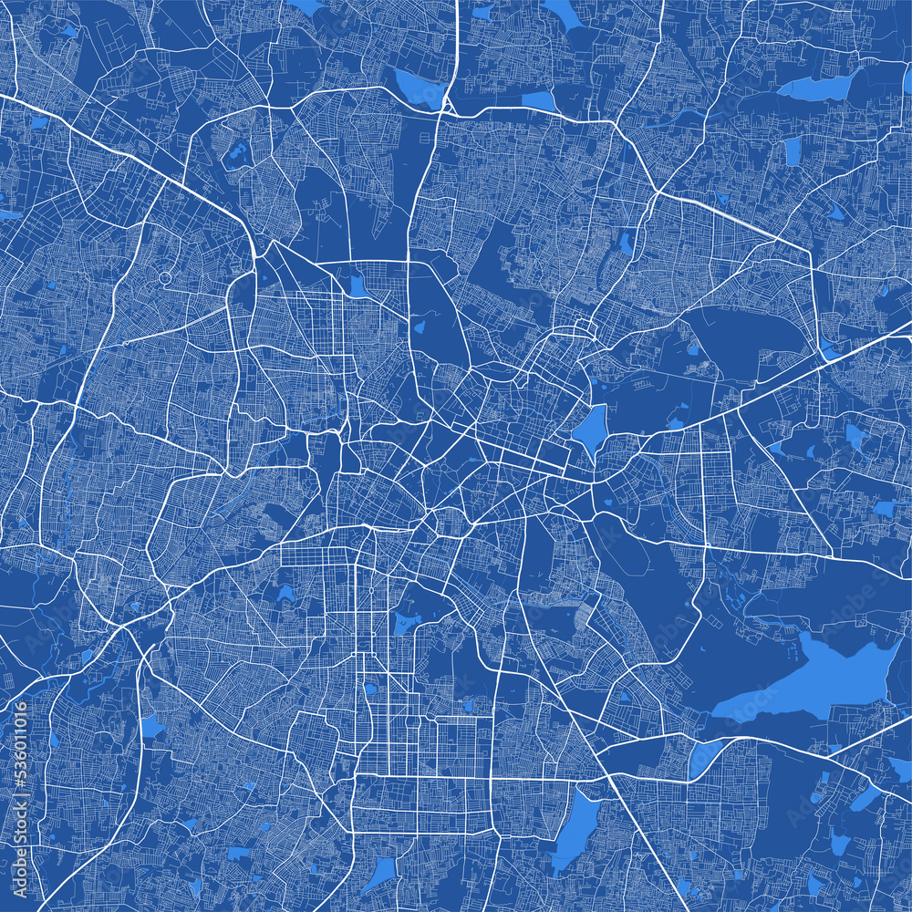 Detailed map poster of Bangalore city, linear print map. Blue skyline ...