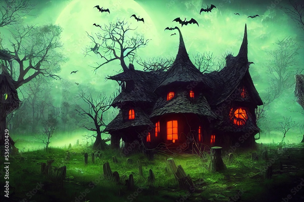 Ilustración de Stock Spooky Witch Hut of Mystical Ghost Land Village 3D ...