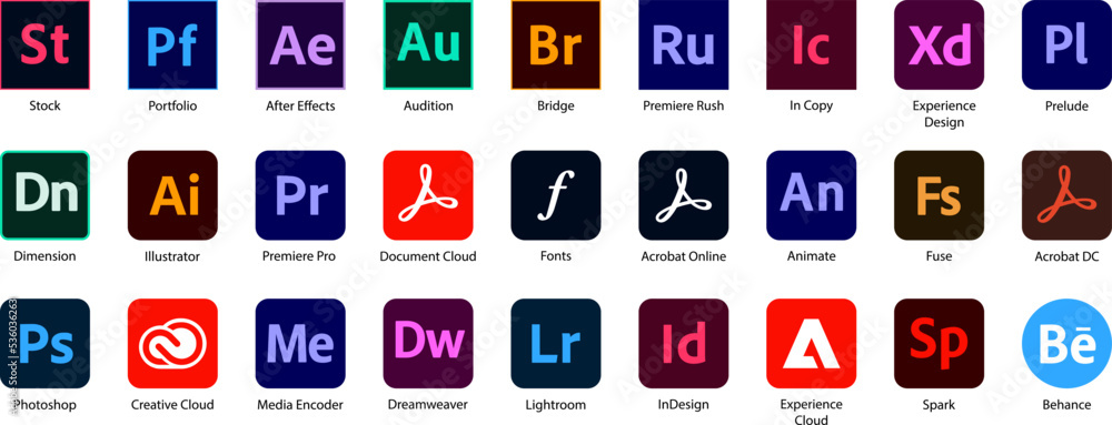 Adobe Creative Cloud icon set : Illustrator, Photoshop, Premiere Pro ...