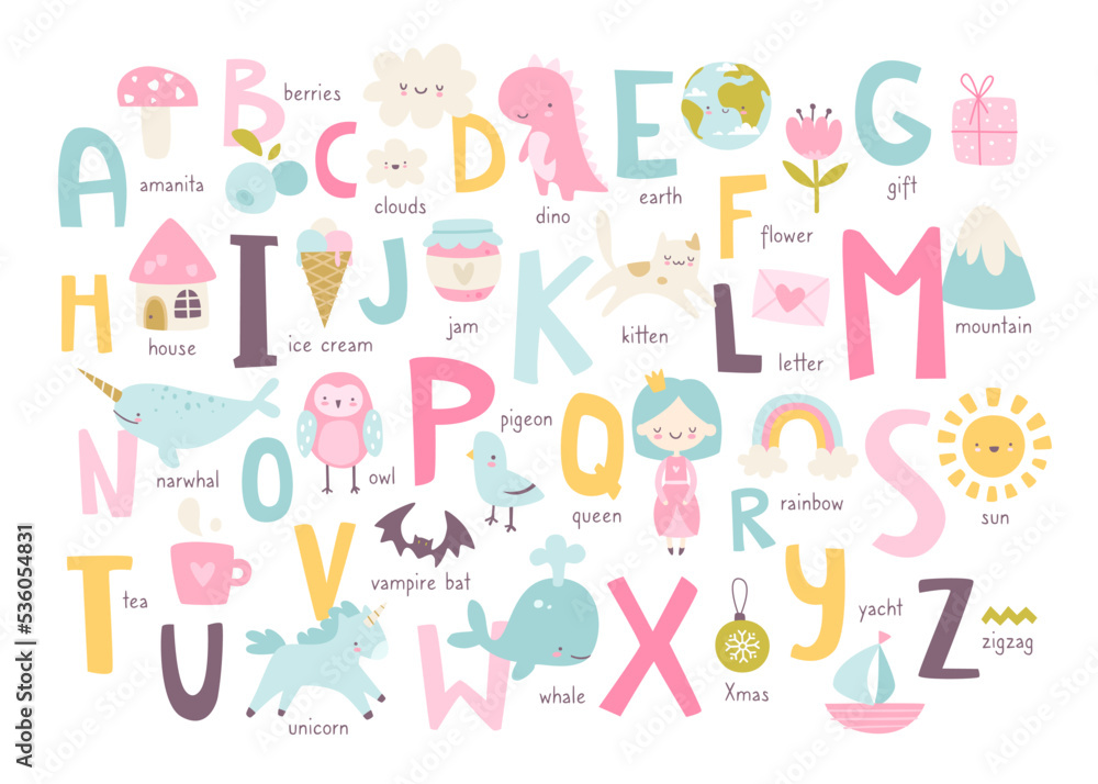 Cute english alphabet for baby girls with naive doodle pictures. Abc ...