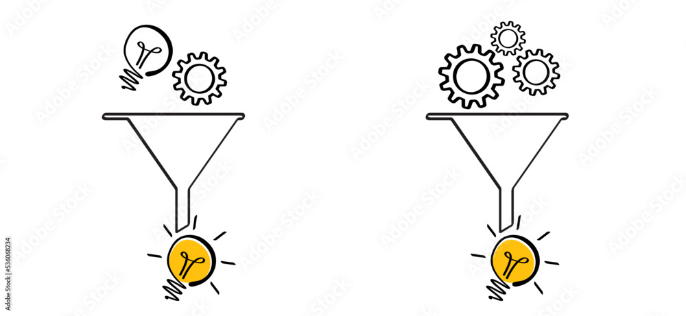 Cartoon funnel withe brain electric lamp idea and cogwheels chaos ...
