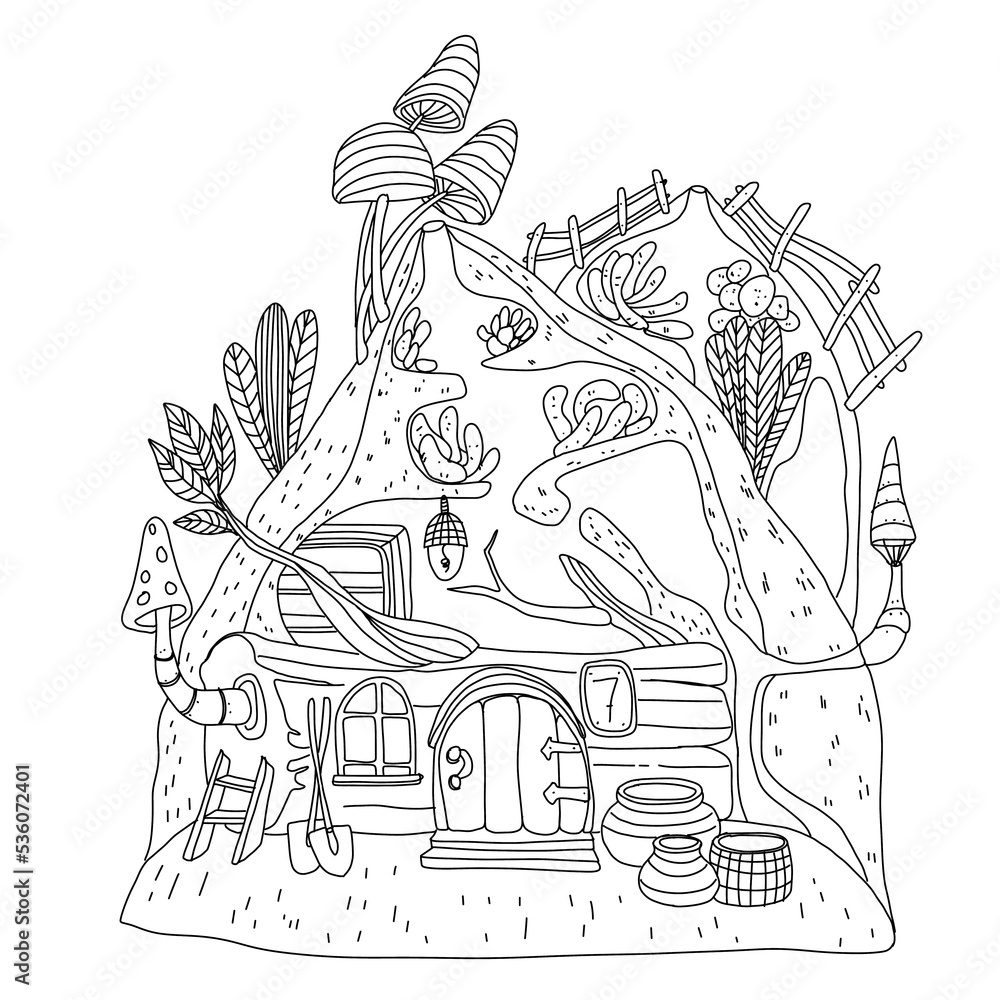 Cartoon fantasy line art elf house coloring page. Cute magic hobbit ...