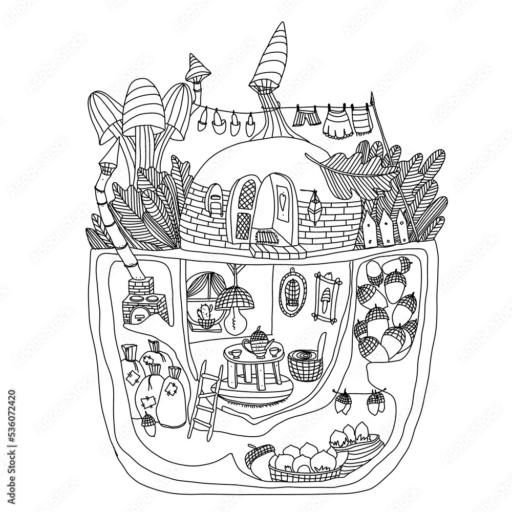 Cartoon fantasy line art elf house coloring page. Cute magic hobbit ...