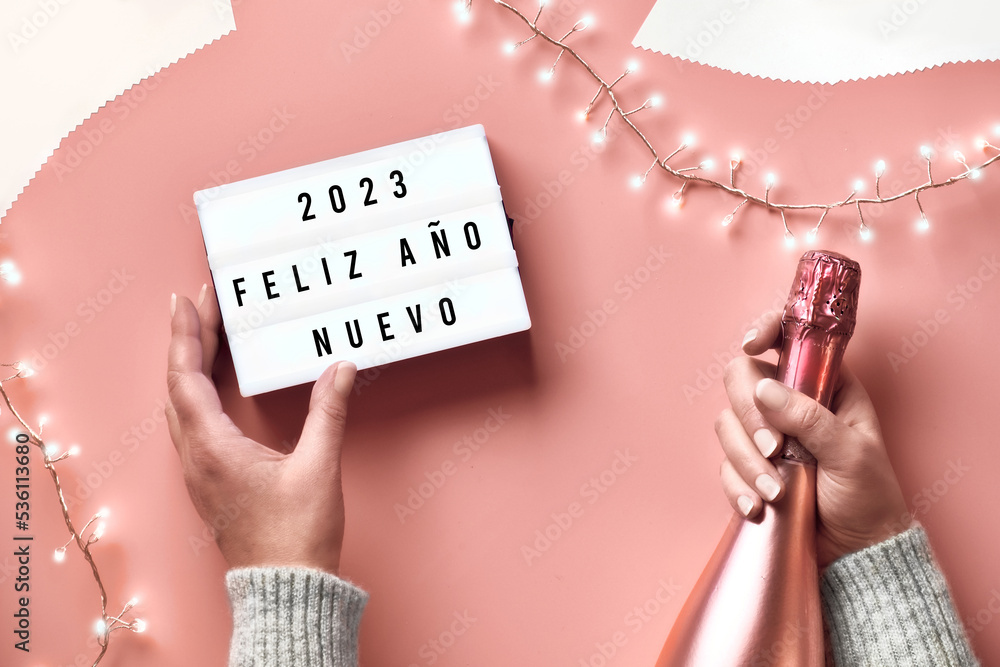 Text Happy New Year 2023 in Spanish Language on lightbox. Light garland ...