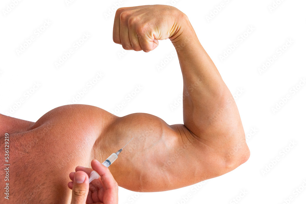 Stock-Foto „Bodybuilder holding an injection of a steroid syringe to ...