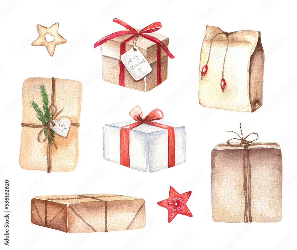 Watercolor Christmas clipart set. Hand drawn illustrations isolated on ...