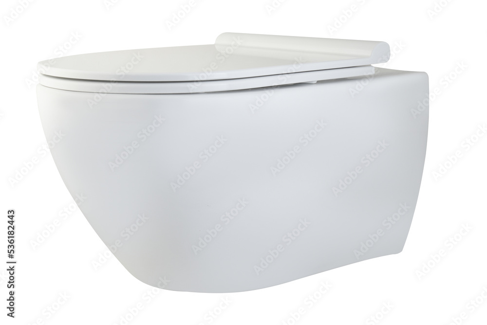 Ceramic Toilet Bowl Isolated on White. Modern wall Mounted Flush Toilet ...