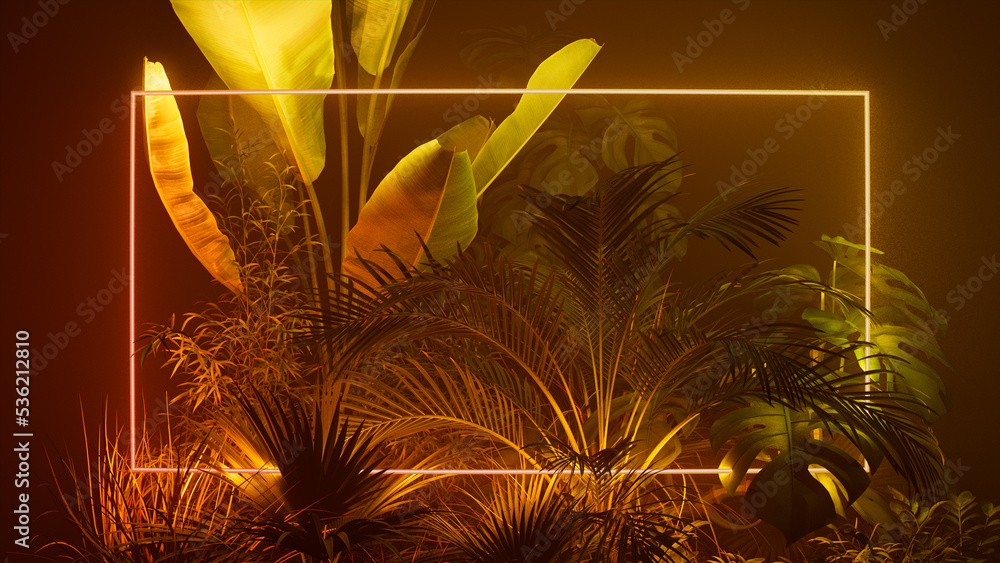 Tropical Leaves Illuminated with Yellow and Orange Fluorescent Light ...