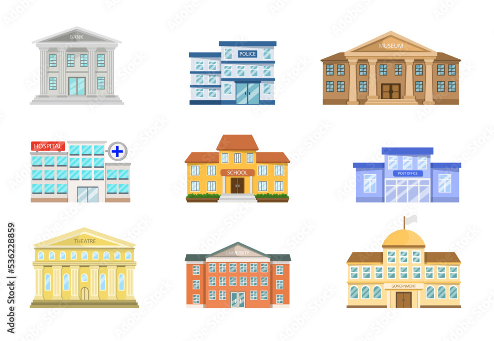 Exterior of museum, hospital, police station, post office, government ...