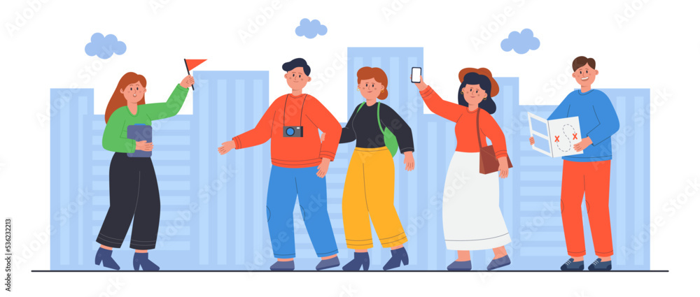 Sightseeing visit by group of tourists and lady guide with flag. Happy ...