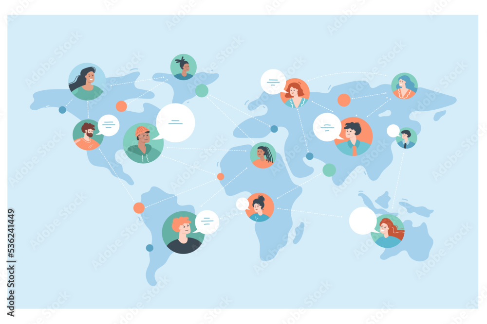 World map with people of diverse cultures talking over network. Friends ...