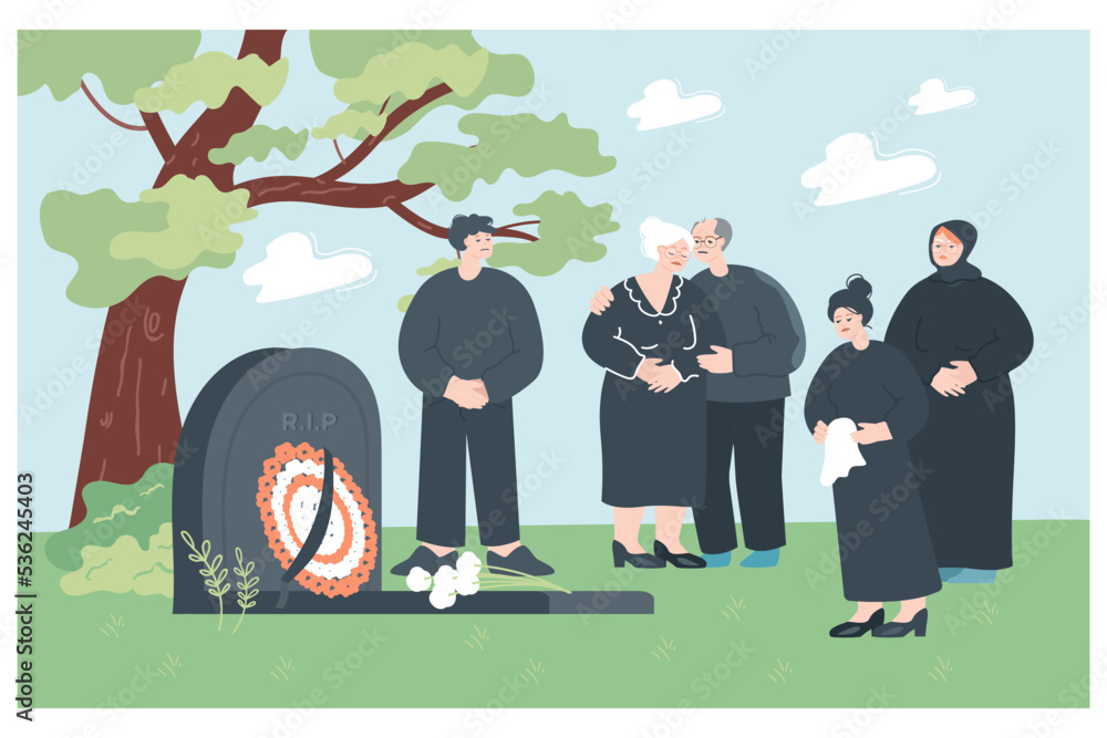 Vector de Stock Sad family standing next to headstone with wreath and ...