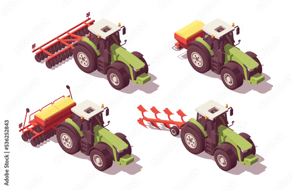 Stock-Vektorgrafik „Set of isometric low poly tractors with ...