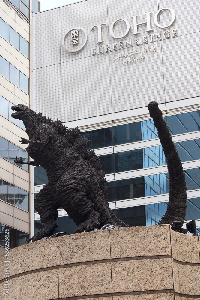 TOKYO, JAPAN - September 1, 2022: A statue of Godzilla near a Toho ...