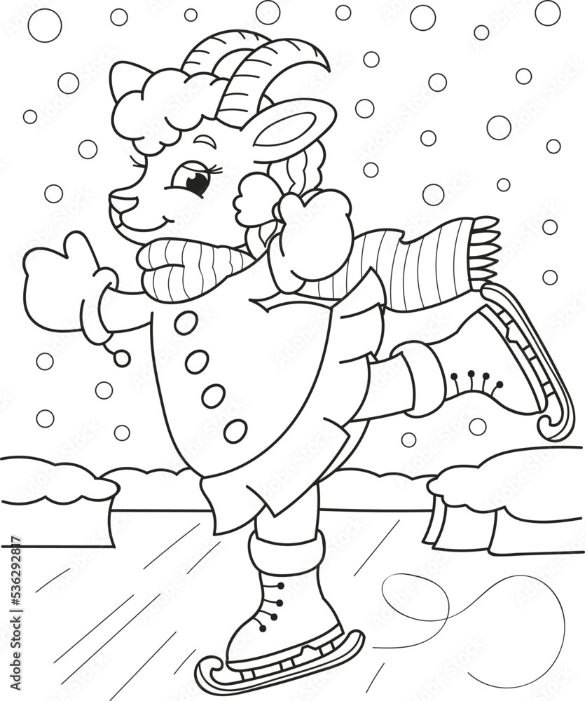Coloring page outline of cartoon smiling cute goat ice-skating ...
