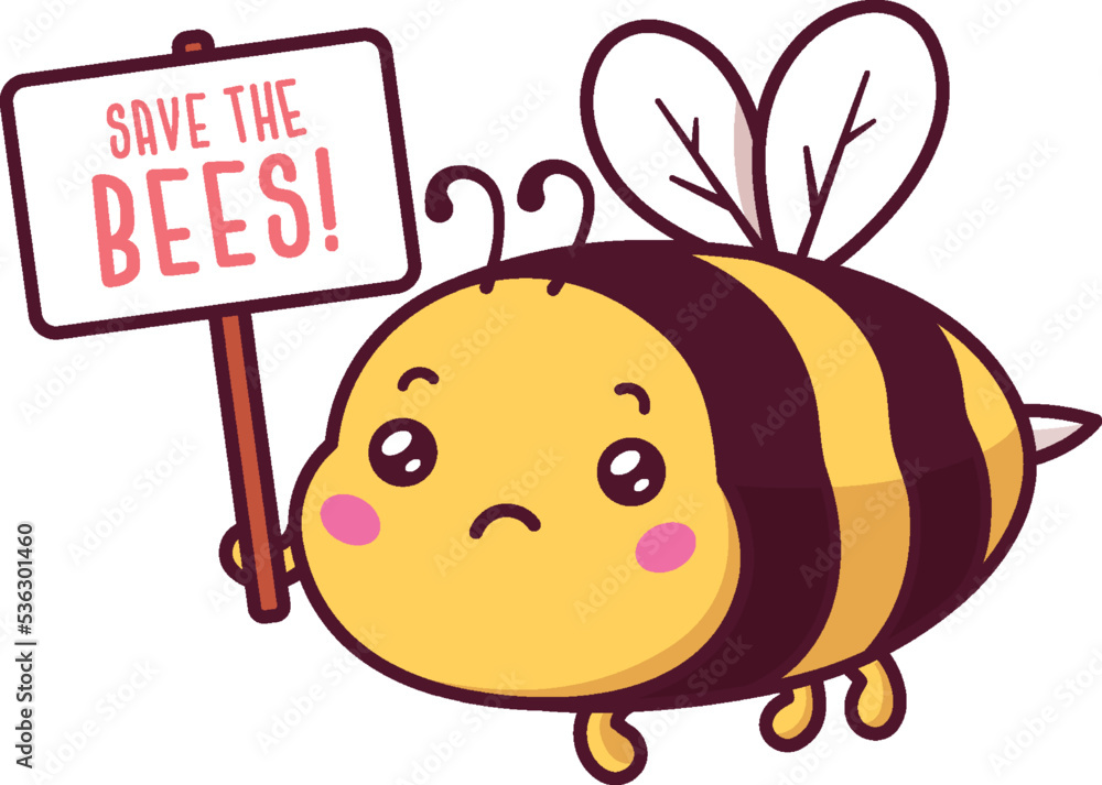Sad bee holding a sign with text Save The Bees. Vector cartoon ...