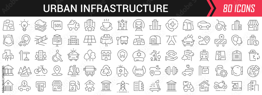 Urban infrastructure linear icons in black. Big UI icons collection in ...