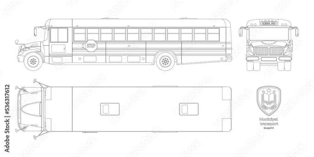 Isolated school bus drawing. Outline blueprint of municipal transport ...