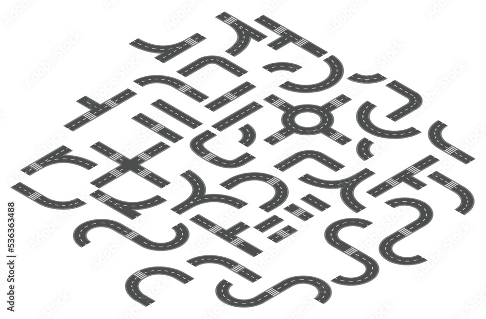 Isometric road elements for highway city street map traffic creation ...