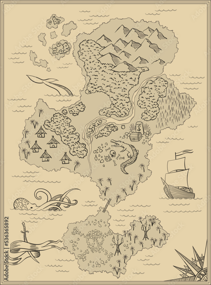Cartoon island map template for next level game - adventures, treasure ...