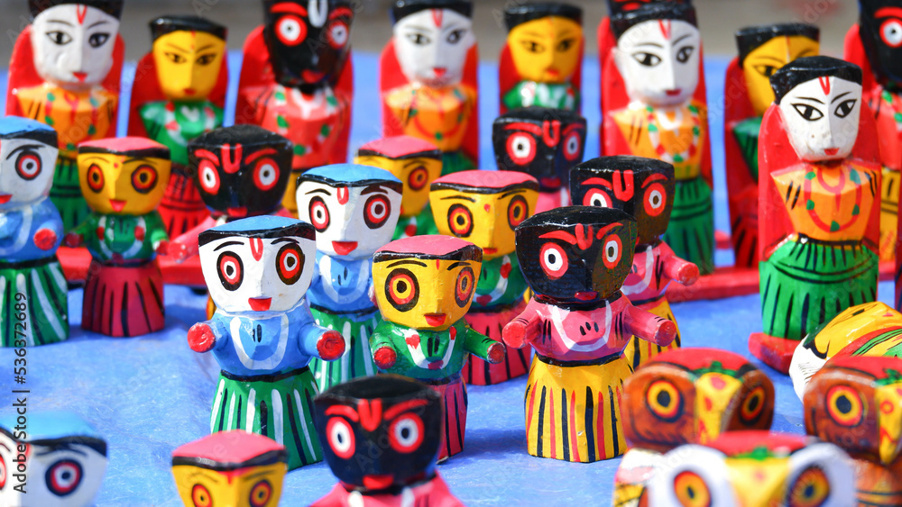 Wooden little size toys of lord jagannath, subadra and balaram during ...