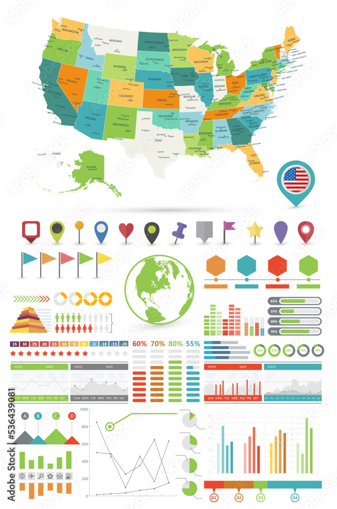 USA map and Infographics design elements Stock Vector | Adobe Stock