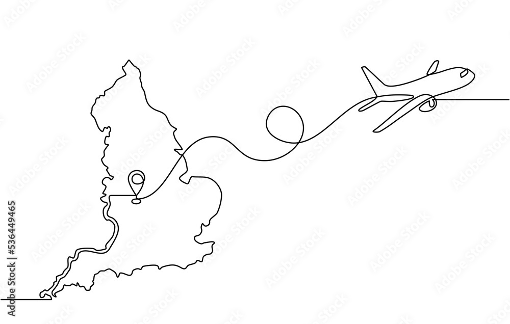 Continuous one line drawing of England domestic aircraft flight routes ...