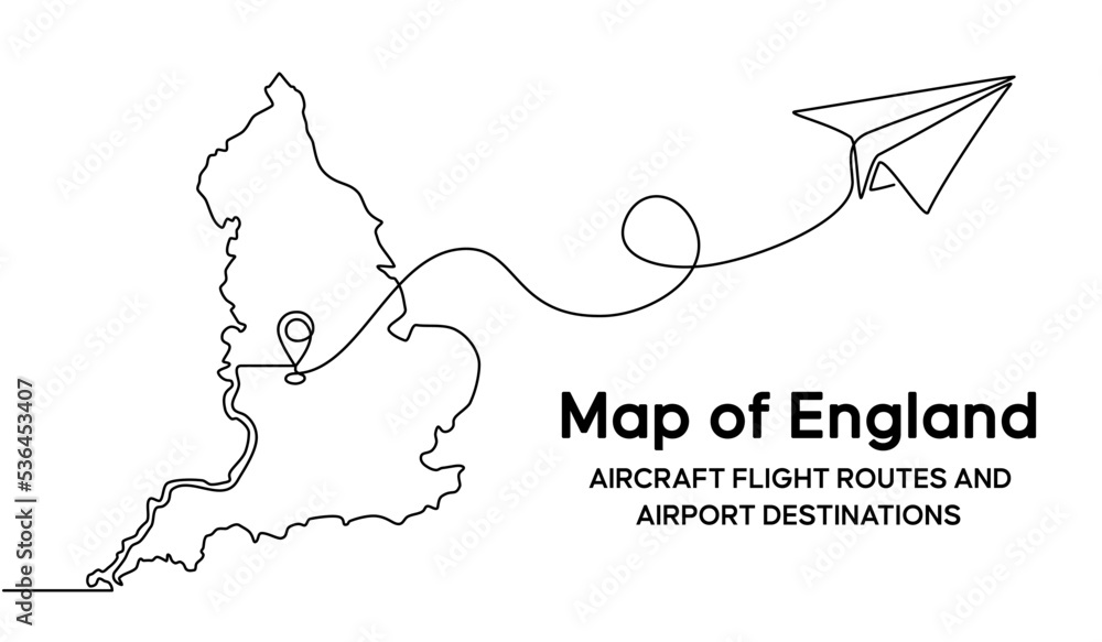 Continuous one line drawing of England domestic aircraft flight routes ...