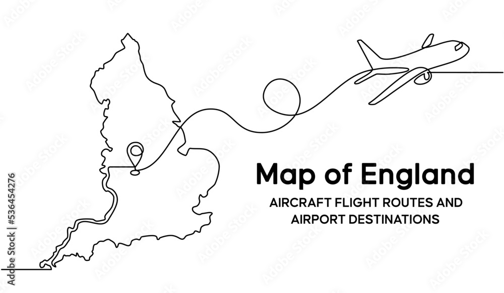 Continuous one line drawing of England domestic aircraft flight routes ...