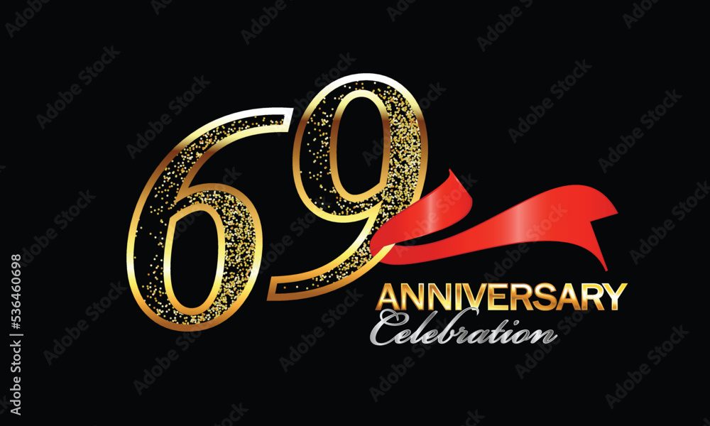 69 Year Anniversary celebration Vector Design with red ribbon and ...