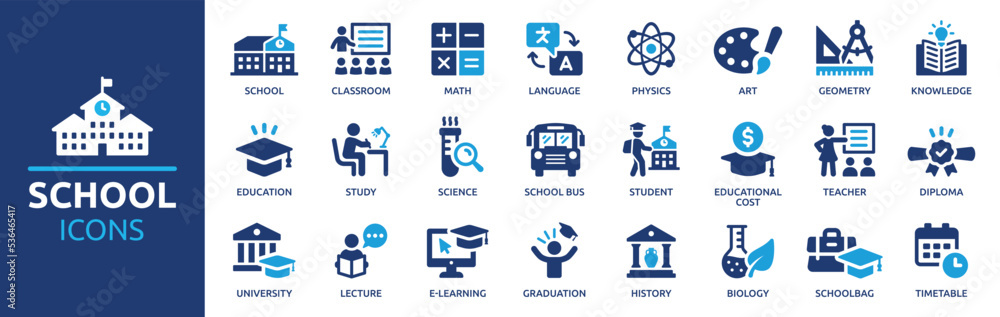 School icon set. Containing classroom, students and teacher icons ...
