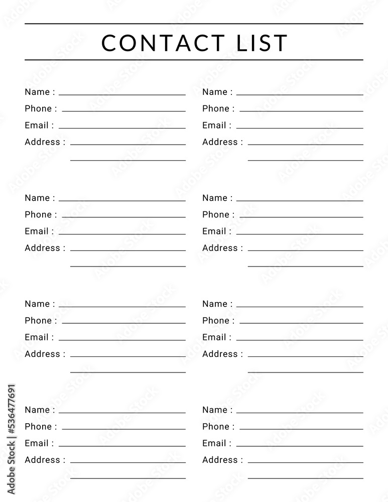 Printable Contact List Template. Minimal & Simple Contact List. Black ...