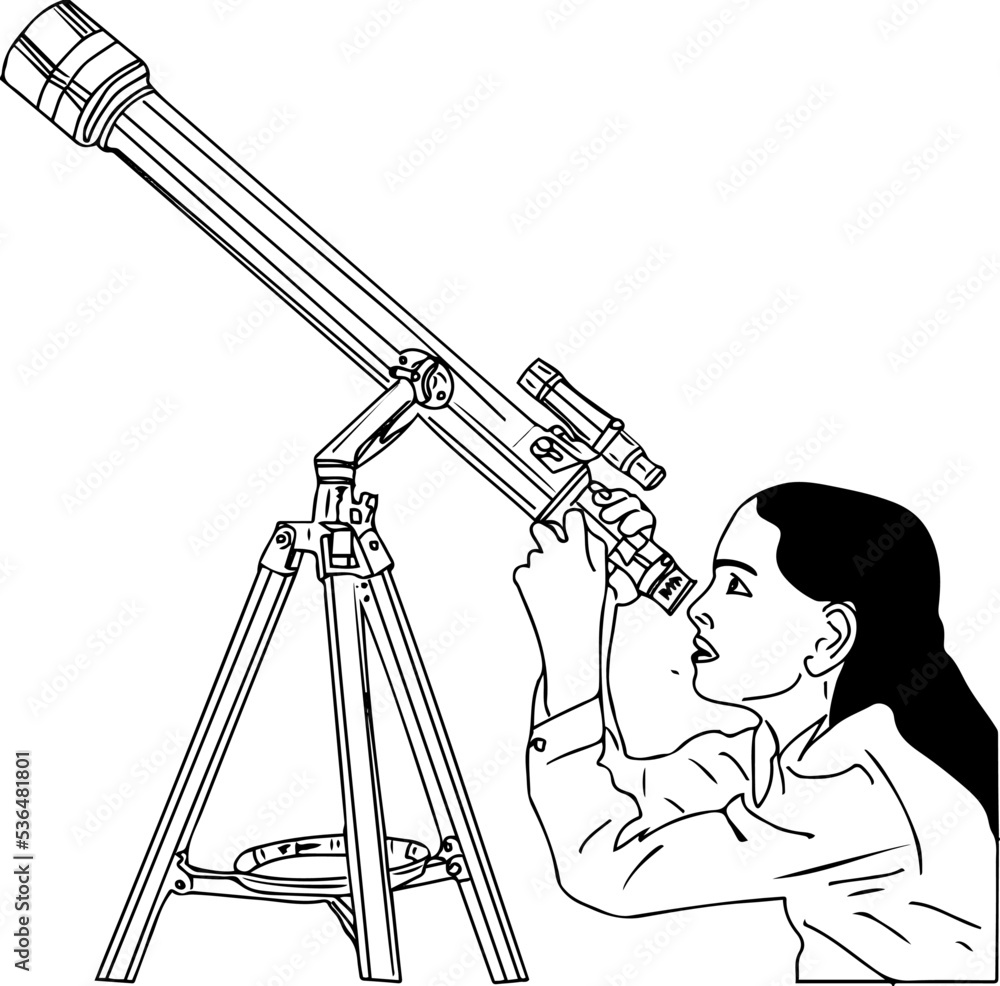 sketch drawing of young girl using telescope to see galaxy stars ...