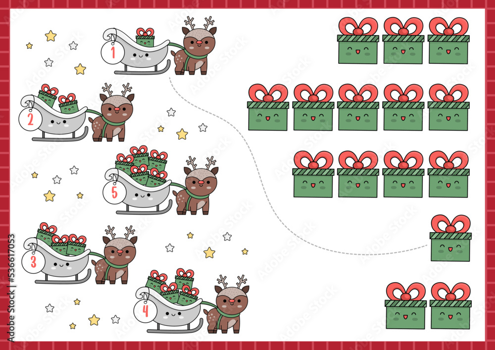 Christmas matching game with cute kawaii deer, sledge, presents. Winter ...