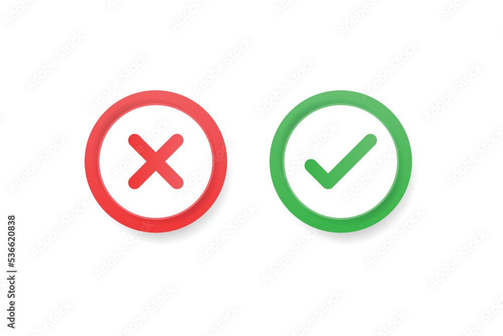 Стоковое векторное изображение «3d check mark icon button, green tick and red cross signs ...