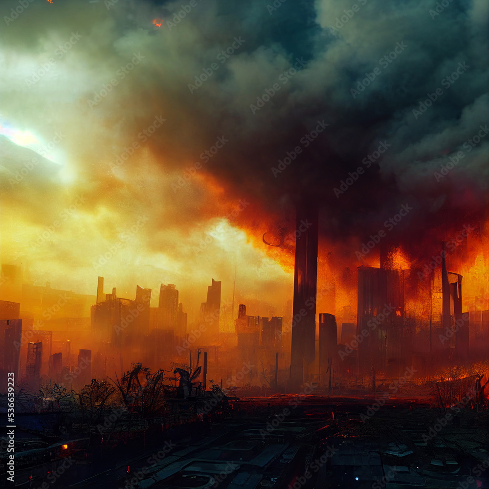 Ilustración de Stock City on fire future cyberpunk dystopia sci-fi ...