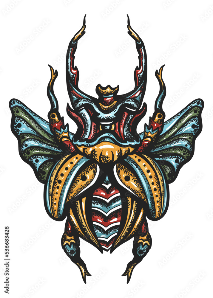 Insects. Stag beetle. Old school tattoo vector art. Hand drawn graphic ...