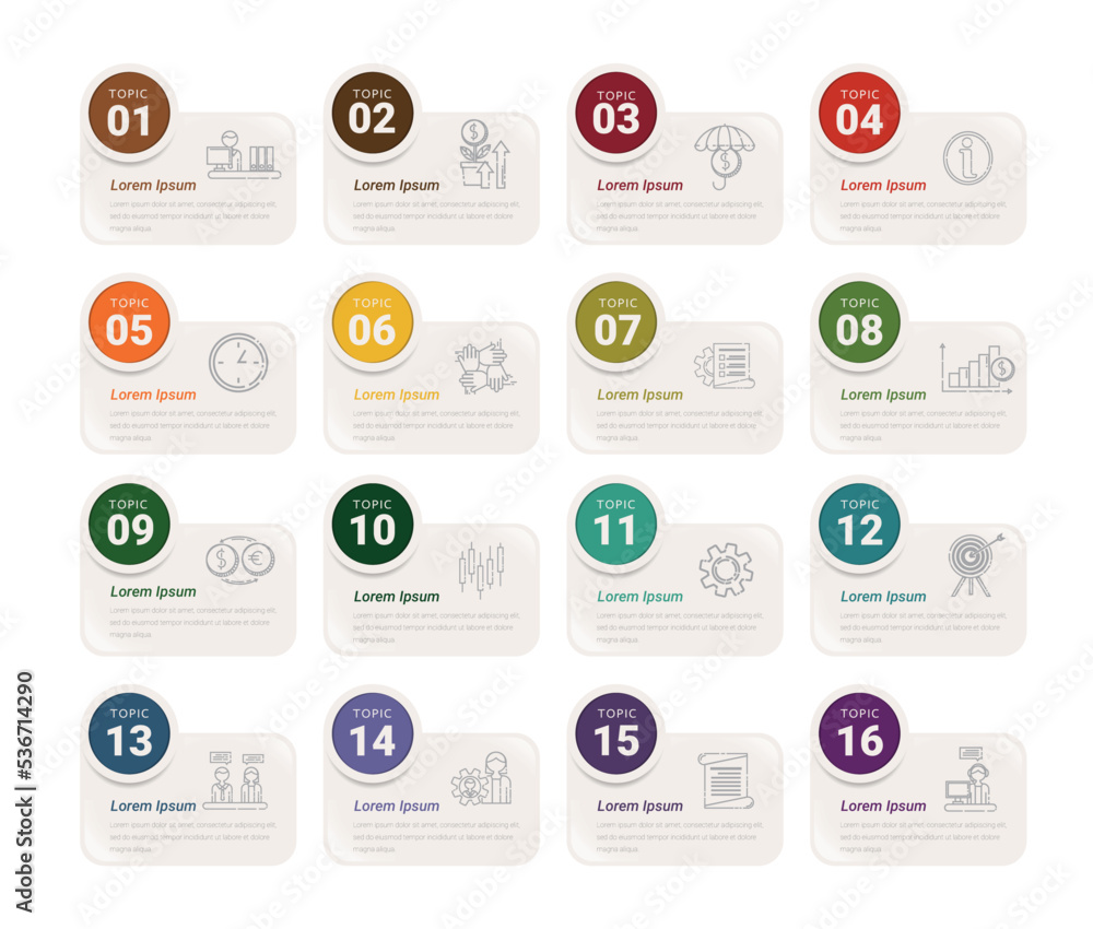 Text box design with 16 options or steps Can be used for presentations ...