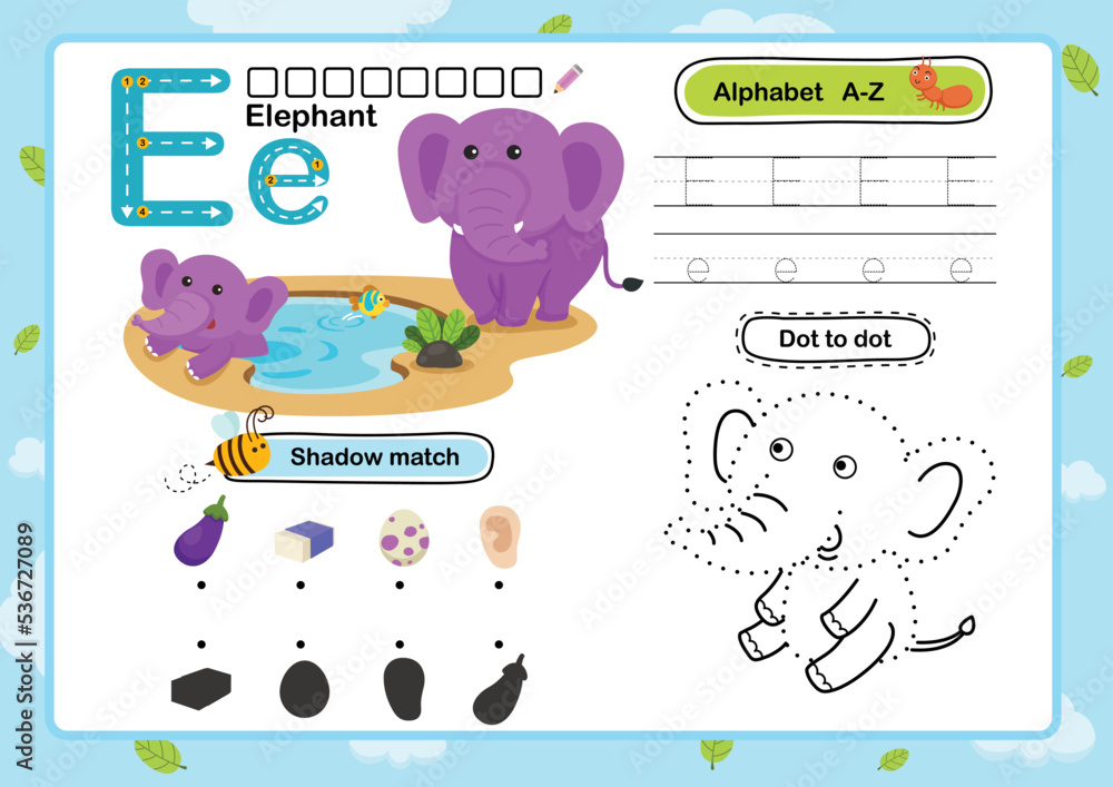 Alphabet Letter E-Elephant exercise with cartoon vocabulary ...