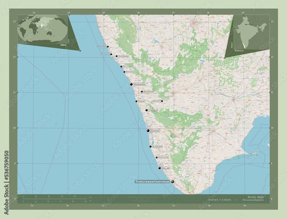 Kerala, India. OSM. Labelled points of cities Stock Illustration ...